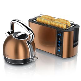 arendo Fr&uuml;hst&uuml;cks-Set Edelstahl Wasserkocher 1,7l, 4-Scheiben Langschlitz Toaster, kupfer (2-tlg), Wasserkocher Temperatureinstellung