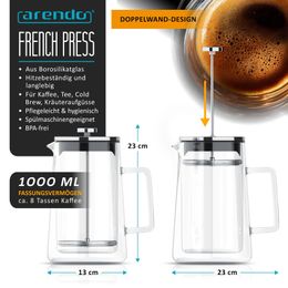 arendo French Press Kaffeebereiter, 1 l, doppelwandiges Borosilikatglas, Edelstahlfilter und tropffreier Ausguss, auch f&uuml;r Tee