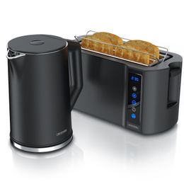 arendo Fr&uuml;hst&uuml;cks-Set mit Wasserkocher 1,5 l und 4-Scheiben-Langschlitztoaster, Temperaturwahl, Touchpanel, Br&ouml;tchenaufsatz, schwarz