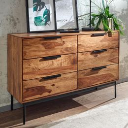 FineBuy Massivholz Schubladenkommode 120cm Sheesham Natur Design Kommode mit 6 Schubladen Sideboard Metall schwarz