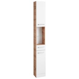 Xora Hochschrank XO 1200, Wei&szlig;, Eiche Artisan, Glas, Holzwerkstoff, 3 F&auml;cher, 1 Schublade(n) Schubladen, 25x188.5x20 cm, Made in Germany, stehend, Badezimmer, Badezimmerschr&auml;nke, Hochschr&auml;nke