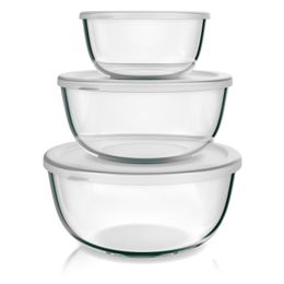 arendo Salatsch&uuml;ssel 3er Set mit Deckel, Glassch&uuml;ssel 1,1L / 2,7L / 4,4L, Glas R&uuml;hrsch&uuml;ssel, Glas, (Set, 3-tlg), Glasschale, BPA-frei