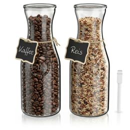 arendo Glaskaraffe 2er Set, 1000 ml, mit Deckel und Silikondichtung, Wasserkaraffe, Glaskrug, inkl. 2 Holztafel-Etiketten, sp&uuml;lmaschinengeeignet
