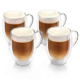 arendo Thermogl&auml;ser 4er-Set, je 350 ml, doppelwandiges Borosilikatglas, mit Henkel, f&uuml;r Kaffee und Tee, sp&uuml;lmaschinen- und mikrowellengeeignet