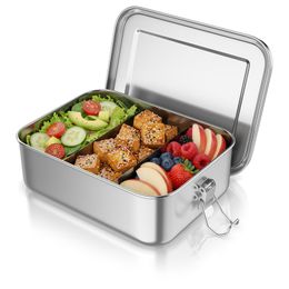 arendo Lunchbox Edelstahl Brotdose 1200 ml mit F&auml;chern, f&uuml;r Kinder und Erwachsene, Edelstahl, (1-tlg., 2 Trennstege, 2 Silikondichtungen)