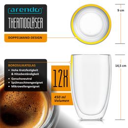 arendo Thermogl&auml;ser 12er-Set, je 450 ml, doppelwandiges Borosilikatglas, ohne Henkel, f&uuml;r Kaffee und Tee, sp&uuml;lmaschinen- und mikrowellengeeignet