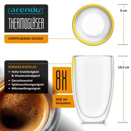 arendo Thermogl&auml;ser 8er-Set, je 450 ml, doppelwandiges Borosilikatglas, ohne Henkel, f&uuml;r Kaffee und Tee, sp&uuml;lmaschinen- und mikrowellengeeignet