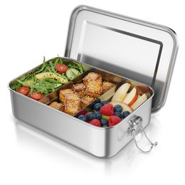 arendo Lunchbox Edelstahl Brotdose 1400 ml mit F&auml;chern, f&uuml;r Kinder und Erwachsene, Edelstahl, (1-tlg., 2 Trennstege, 2 Silikondichtungen)
