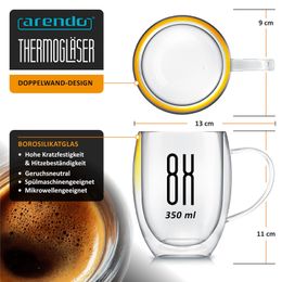 arendo Thermogl&auml;ser 8er-Set, je 350 ml, doppelwandiges Borosilikatglas, mit Henkel, f&uuml;r Kaffee und Tee, sp&uuml;lmaschinen- und mikrowellengeeignet