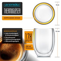 arendo Thermogl&auml;ser 12er-Set, je 350 ml, doppelwandiges Borosilikatglas, ohne Henkel, f&uuml;r Kaffee und Tee, sp&uuml;lmaschinen- und mikrowellengeeignet
