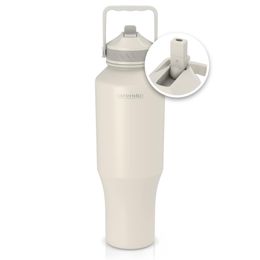 arendo Thermobecher 1000 ml aus Edelstahl, doppelwandig vakuumisoliert, mit Strohhalm, Klappverschluss und Tragegriff, auslaufsicher