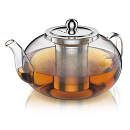 arendo runde Teekanne aus Borosilikatglas, 1,2 l, herausnehmbares Edelstahlsieb und Edelstahldeckel f&uuml;r losen Tee und Kr&auml;utertee