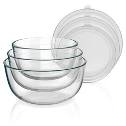 arendo Glassch&uuml;ssel-Set mit Deckeln, 3-teilig, 0,7/1,1/1,5 l, Borosilikatglas, stapelbare Salat- und R&uuml;hrsch&uuml;sseln