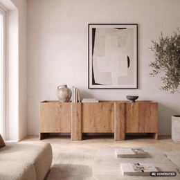 FineBuy Sideboard Akazie Massivholz 165cm Anrichte Kommode 3 T&uuml;ren Holzkommode Handmade