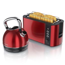 arendo Fr&uuml;hst&uuml;cks-Set Edelstahl Wasserkocher 1,7l, 4-Scheiben Langschlitz Toaster, rot (2-tlg), Fr&uuml;hst&uuml;cksset, Wasserkocher Retro, 2200W