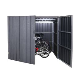 WPC-Fahrradgarage MCW-J29, Ger&auml;teschuppen Fahrradbox, Metall Holzoptik abschlie&szlig;bar ~ 4 R&auml;der 172x213x160cm grau