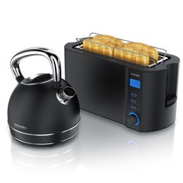 arendo Fr&uuml;hst&uuml;cks-Set Edelstahl Wasserkocher 1,7l, 4-Scheiben Langschlitz Toaster, schwarz (2-tlg), Fr&uuml;hst&uuml;cksset, Wasserkocher Vintage, 2200W