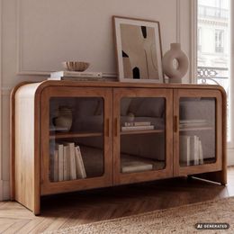 FineBuy Sideboard Mango Massivholz 160cm Anrichte Kommode 3 Glas T&uuml;ren Holzkommode Gro&szlig;