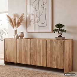 FineBuy Sideboard Akazie Massivholz 180cm Anrichte Kommode 4 T&uuml;ren Holzkommode Handmade