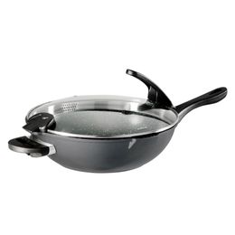 Stoneline Future Wok 32 cm, mit Sieb-Glasdeckel, mit austauschbaren Griffen, induktionsgeeignet, Aluguss, beschichtet mit echten Steinpartikeln, Grau, Wokpfanne mit Deckel