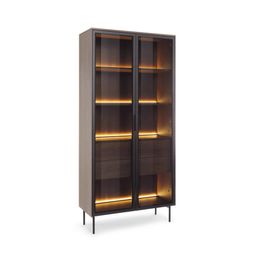 Ravio Hochvitrine, Eiche, Schwarz, Holzwerkstoff, Holz, Metall, Kunststoff, Eiche, 3 F&auml;cher, 2 Schubladen, Rechteckig, 92x195x39 cm, Wohnzimmer, Wohnw&auml;nde, Vitrinenschr&auml;nke