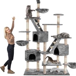 HAPPYPET Kratzbaum deckenhoch 260 cm hoch, Kletterbaum SAM &ndash; Gro&szlig;er XXL Katzenbaum Stabil f&uuml;r mehrere Katzen, stabile 8 cm S&auml;ulen, Liegemulden, H&auml;user, mit Zubeh&ouml;r Hellgrau