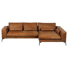 P & B Ecksofa, Cognac, Metall, Echtleder, Anilinleder, 3-Sitzer, F&uuml;llung: Schaumstoff,Silikon, Ottomane rechts, L-Form, 313x172 cm, Made in EU, R&uuml;cken echt, Wohnzimmer, Sofas & Couches, Wohnlandschaften, Ecksofas