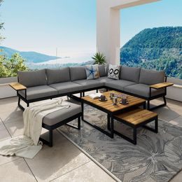Ambia Garden Loungegarnitur Teakholz, Schwarz, Dunkelgrau, Teak, Holz, Metall, Teakholz, F&uuml;llung: Schaumstoff, 289x224 cm, Loungem&ouml;bel, Gartenlounge-Sets