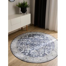 benuta Basic Waschbarer Teppich George Blau &oslash; 120 cm - Vintage-Stil Teppich im Used-Look