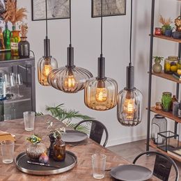 hofstein H&auml;ngeleuchte Alcofra mit 4 geriffelten Glasschirmen in Bernstein, Klar und Rauch Aus Metall, E27-Fassungen, im Industrial-Stil, f&uuml;r den Esstisch