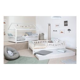 Ticaa 2 in 1 Hausbett Bodenbett wandelbar mit abnehmbaren Dach Duo 90x200, 100x200 cm, 120x200 cm, 140x200 Wei&szlig; f&uuml;r Jungen & M&auml;dchen mit Zusatzbett, Rausfallschutz & Rolllattenrost &ndash; aus Kiefer Massivholz
