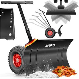 Masko&reg; Schneeschaufel auf R&auml;dern h&ouml;henverstellbar - 5-Fach H&ouml;henverstellbar Schneer&auml;umen, r&uuml;ckenschonender Schneeschieber, Schneeschild 75 cm Arbeitsbreite-H&ouml;he 42 cm, platzsparend zusammenklappbar