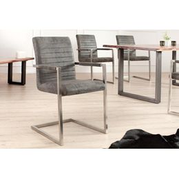 Riess Ambiente Industrial Freischwinger Stuhl LOFT vintage grau Microfaser mit Armlehne Edelstahl Polsterstuhl Riess-Ambiente Esszimmerstuhl K&uuml;chenstuhl