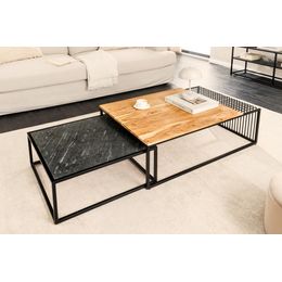 Riess Ambiente 2er Set Couchtische ARCHITECTURE 90cm natur Akazienholz schwarz Steinfurnier Metall Riess-Ambiente Satztisch Sofatisch Wohnzimmertisch rechteckig