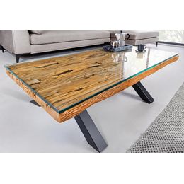 Riess Ambiente Massiver Couchtisch BARRACUDA 110cm antik natur Teakholz X-Gestell Glasplatte Riess-Ambiente Sofatisch Wohnzimmertisch rechteckig