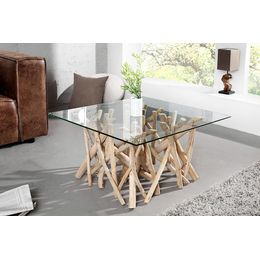 Riess Ambiente Design Teakholz Couchtisch DRIFTWOOD 80cm mit Glasplatte eckig Riess-Ambiente Sofatisch Wohnzimmertisch rechteckig Modern & Design