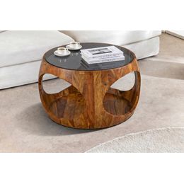 Riess Ambiente Runder Couchtisch ORGANIC LOOP 60cm braun stone finish Sheeshamholz Glas schwarz Riess-Ambiente Sofatisch Wohnzimmertisch Modern & Design