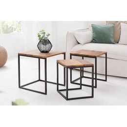 Riess Ambiente 3er Set Beistelltisch ELEMENTS 40cm braun Sheesham Massivholz stone finish Metall Riess-Ambiente Satztisch quadratisch Modern & Design