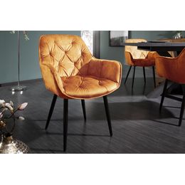 Riess Ambiente Design Stuhl MILANO senfgelb Samt mit Armlehne Ziersteppung gepolstert schwarze Metallbeine Riess-Ambiente Esszimmerstuhl K&uuml;chenstuhl Modern & Design