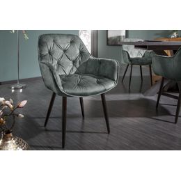 Riess Ambiente Design Stuhl MILANO gr&uuml;n Samt mit Armlehne Ziersteppung gepolstert schwarze Metallbeine Riess-Ambiente Esszimmerstuhl K&uuml;chenstuhl Modern & Design