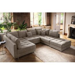 Riess Ambiente Moderne XXL Wohnlandschaft KENT 305cm greige Cord Bigsofa inkl. Hocker Federkern Riess-Ambiente U-Form Wohnzimmer