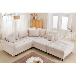 Riess Ambiente Modernes Ecksofa KENT 220cm champagner beige Chenille Cremona Federkern Wohnlandschaft mit Hocker Riess-Ambiente L-Form Wohnzimmer