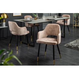 Riess Ambiente Design Stuhl PARIS greige Samt mit Armlehnen Ziersteppung goldene Fu&szlig;kappen Polsterstuhl Riess-Ambiente Esszimmerstuhl K&uuml;chenstuhl Klassisch