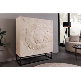 Riess Ambiente Massives Highboard LION 120cm creme Mangoholz schwarz Metall 3D Schnitzereien Kunstwerk Riess-Ambiente Modern & Design