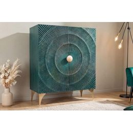 Riess Ambiente Massives Highboard GOLDEN SUNSET 120cm t&uuml;rkis gold Mangoholz mit 3D Schnitzereien Riess-Ambiente Modern & Design