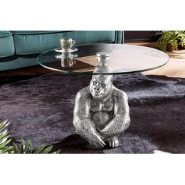 Riess Ambiente Runder Couchtisch WILDLIFE KONG 60cm silber Metall Glas Affenfigur Gorilla Skulptur handmade Riess-Ambiente Sofatisch Wohnzimmertisch Modern & Design