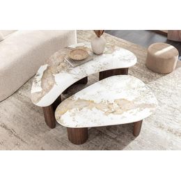Riess Ambiente 2er Set Couchtische OSAKA 120cm wei&szlig; Pandora Keramik Walnuss Riess-Ambiente Satztisch Sofatisch Wohnzimmertisch organisch Modern & Design