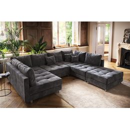Riess Ambiente Moderne XXL Wohnlandschaft KENT 305cm grau Samt Bigsofa inkl. Hocker Federkern Riess-Ambiente U-Form Wohnzimmer