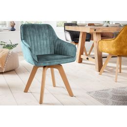Riess Ambiente Drehbarer Design Stuhl LIVORNO petrol Samt Buchenholz Beine mit Armlehnen Polsterstuhl Riess-Ambiente Esszimmerstuhl K&uuml;chenstuhl Modern & Design