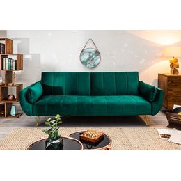 Riess Ambiente Retro Schlafsofa DIVANI 220cm smaragdgr&uuml;n Samt goldene Metallf&uuml;&szlig;e 3-Sitzer mit Bettfunktion Riess-Ambiente Wohnzimmer